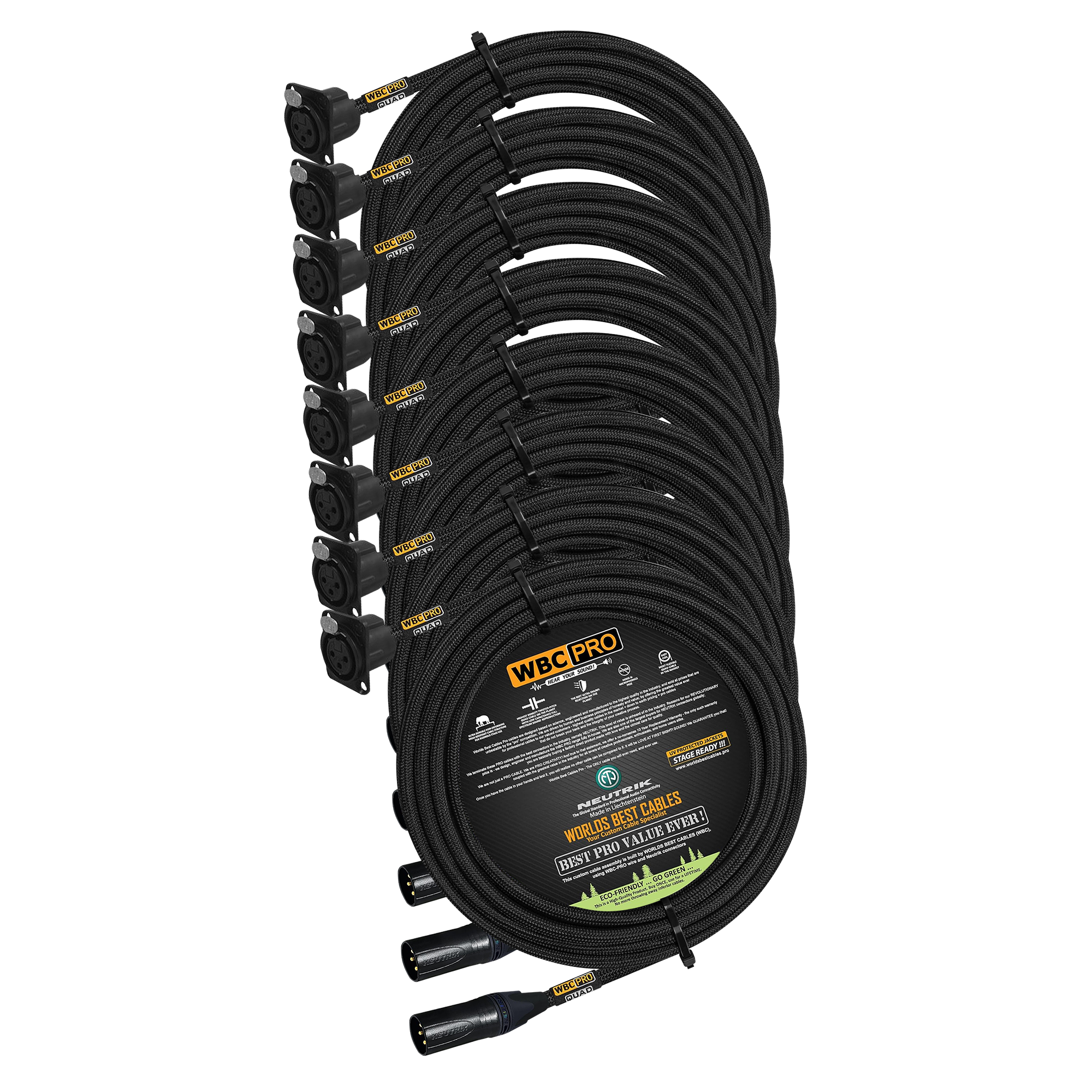 16 meter WBC Pro Quad 8 cables with Neutrik Gold XLR male NC3MXX-B and ...