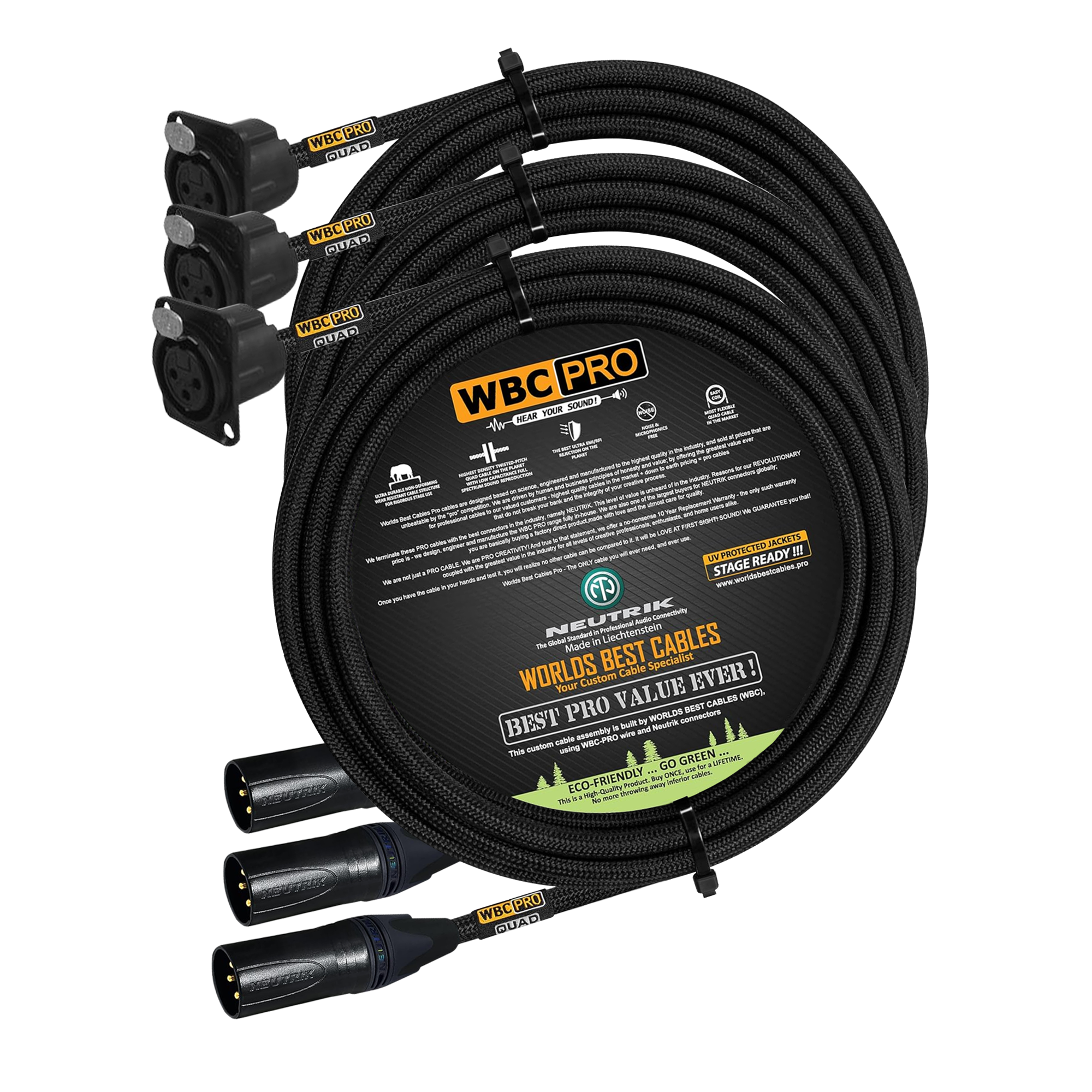 5 meter WBC Pro Quad 3 cables with Neutrik Gold XLR male NC3MXX-B and ...