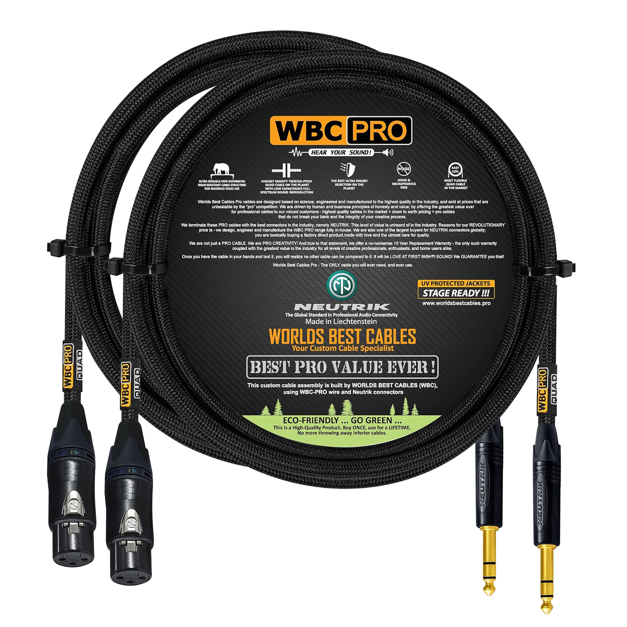 6 foot WBC Pro Quad cable pair with Neutrik Gold female XLR and TRS ...