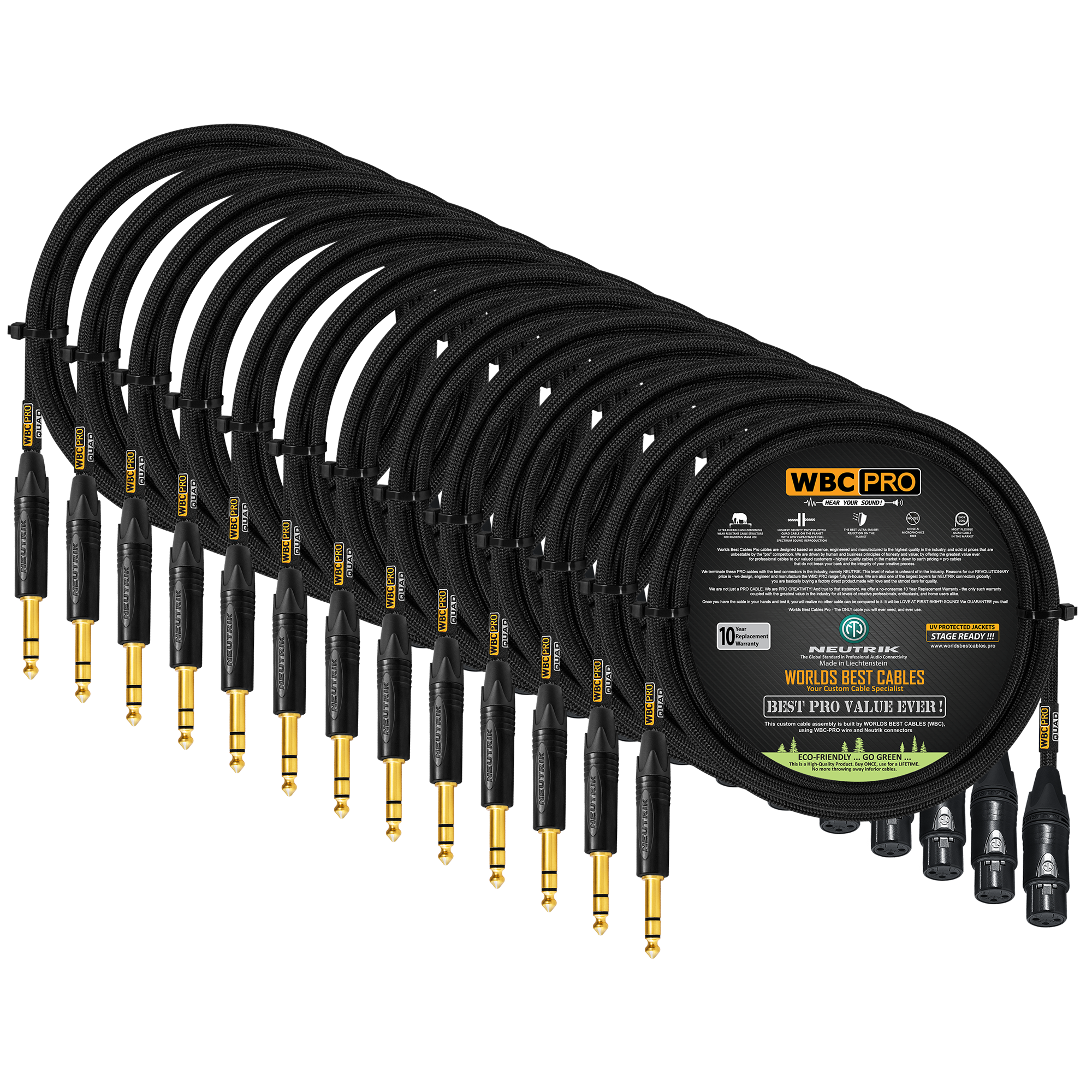 5 foot WBC-PRO-QUAD 13 cables, with Neutrik NC3FXX-B Gold XLR and NP3X ...
